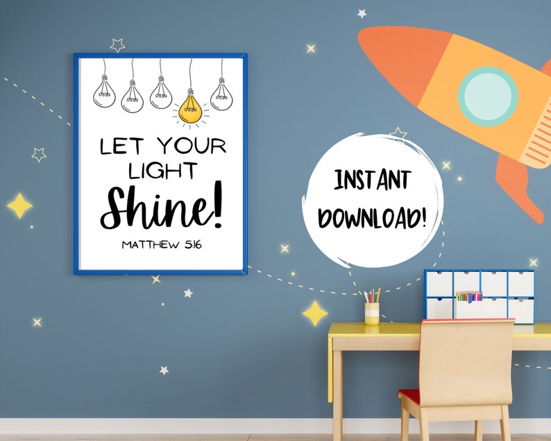 Let Your Light Shine, Kids Printable Bible Wall Art, Matthew 5:16, Kids ...
