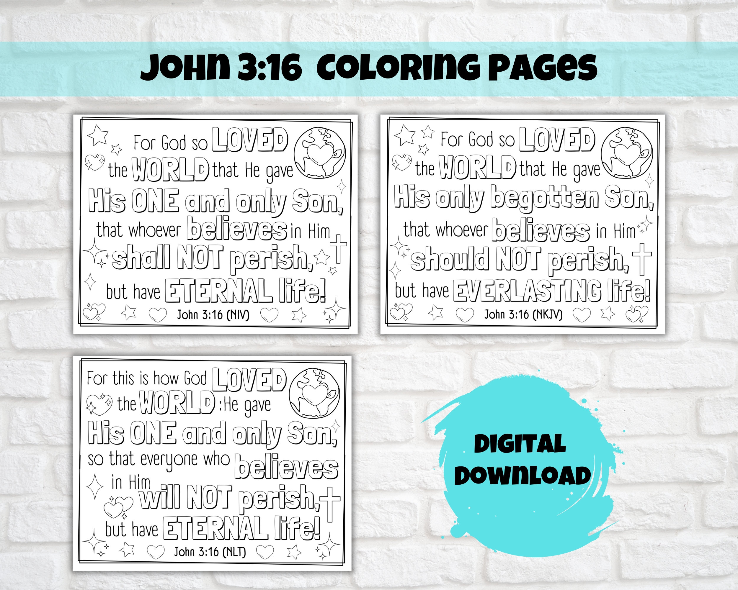 John 3:16 for God so Loved the World Set of 10 Printable Colouring ...