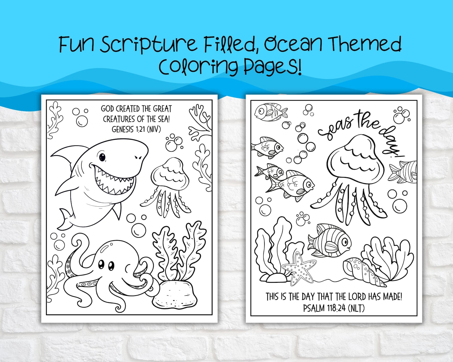 Under the Sea Kids Bible Verse Printable Set of 12 Colouring Pages, Set ...