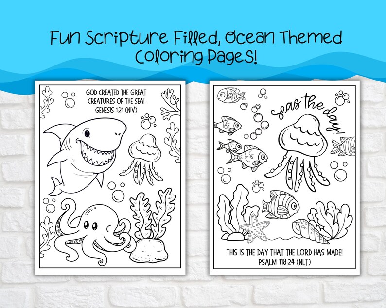 Under the Sea Kids Bible Verse Printable Set of 12 Colouring Pages, Set ...