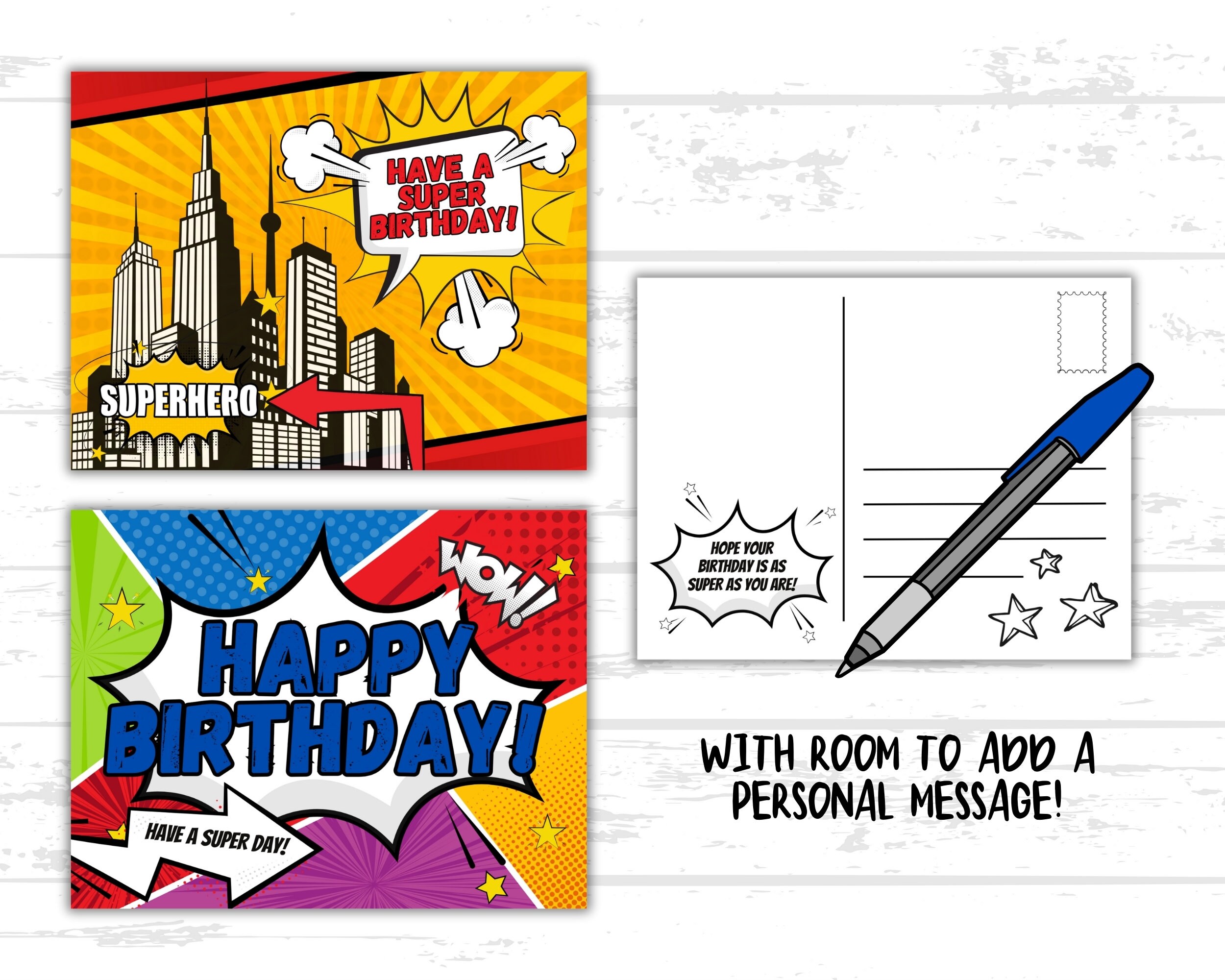 Superhero Printable Birthday Cards, Set of 8 Full Color Postcards ...