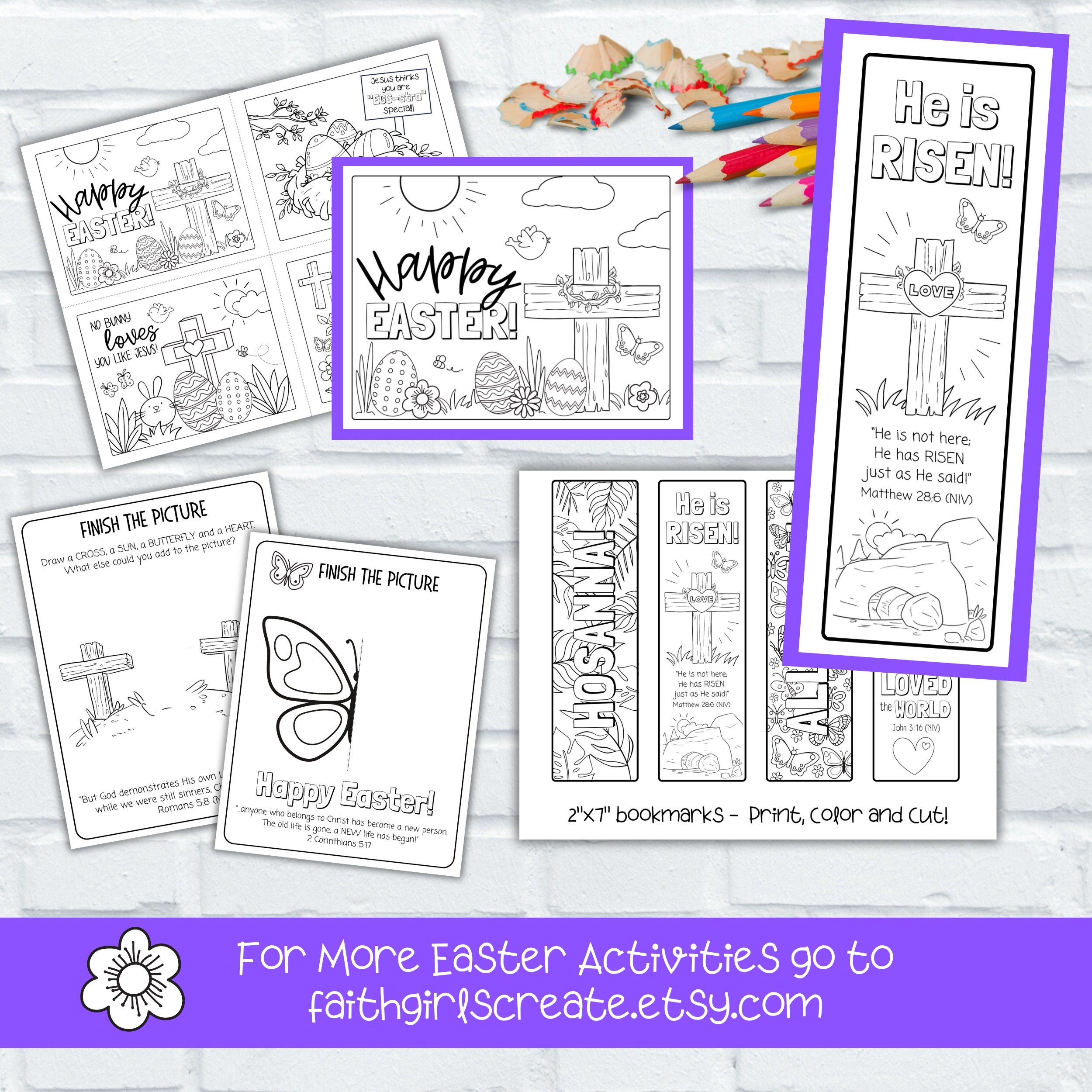Kids Easter Themed Bible Verse Colouring Card Set of 8, Printable ...