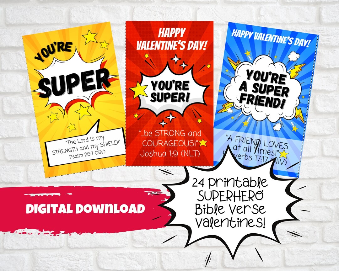 Kids Printable SUPERHERO Bible Verse Valentine Cards, Sunday School ...