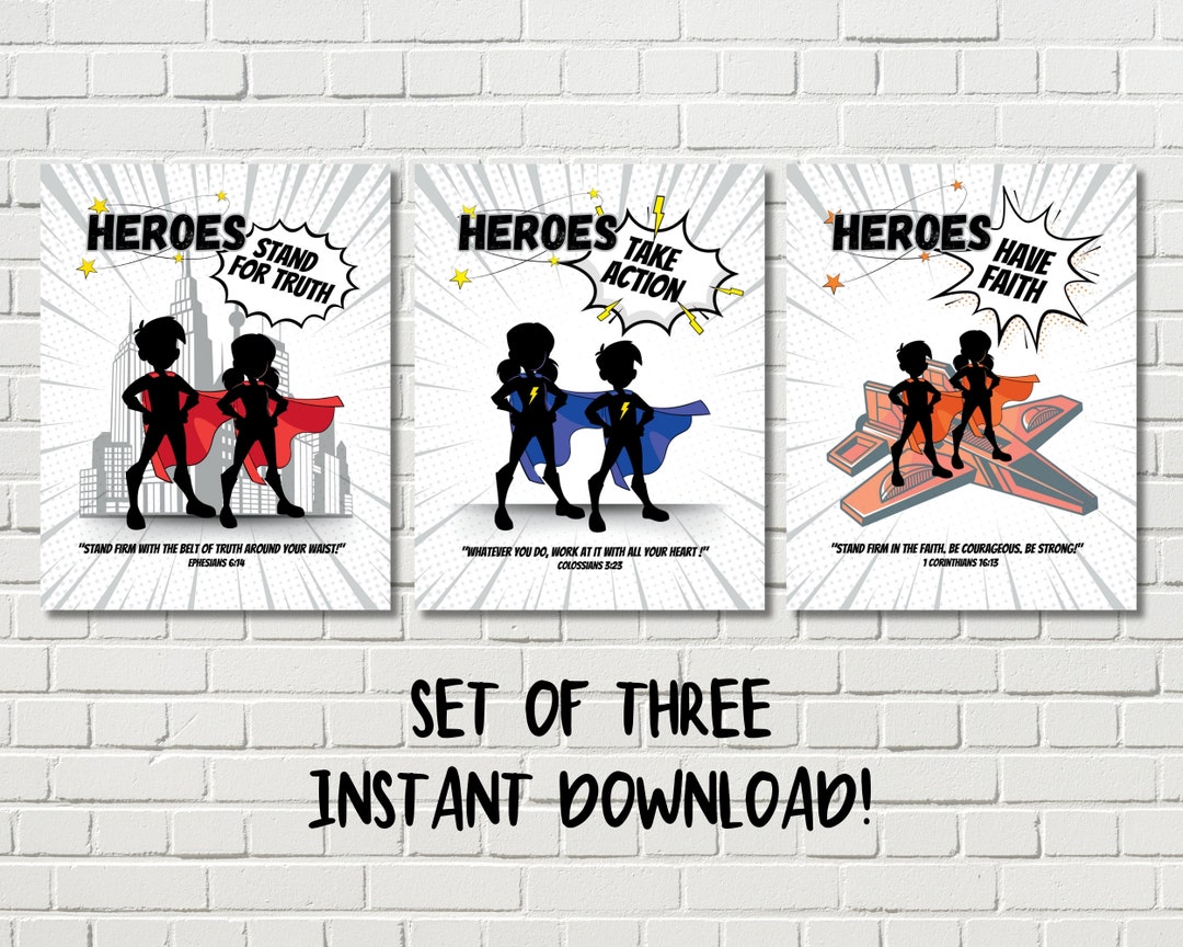 Heroes Bible Verse Wall Art, Superhero Printable Scripture Poster ...