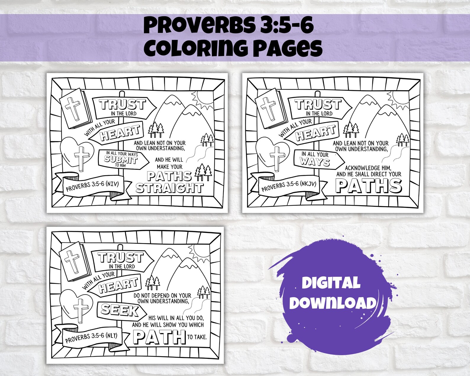 Proverbs 3:5-6 Trust in the Lord Set of 5 Printable Colouring Pages for ...