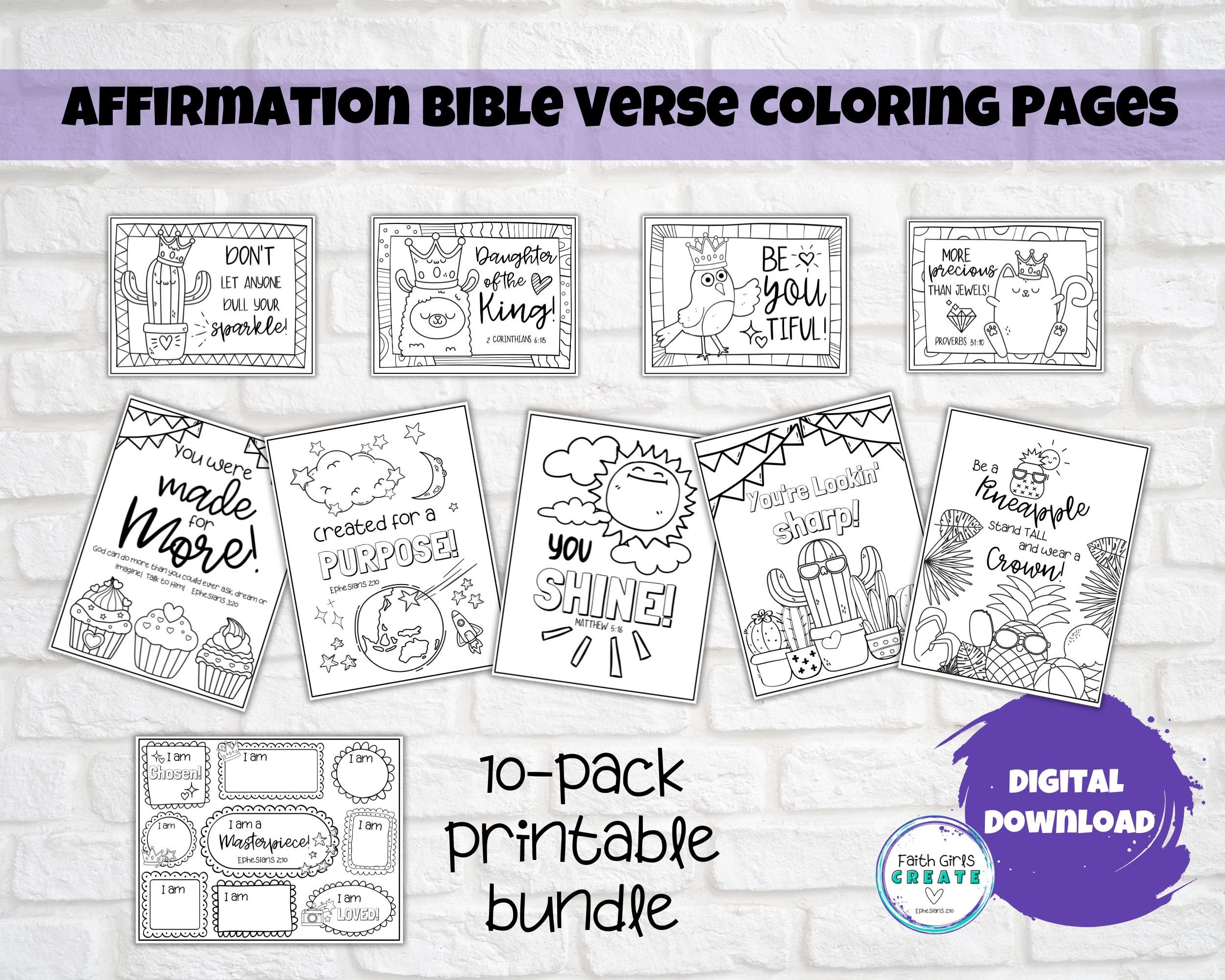 Affirmation Bible Verse Colouring Set, Faith Girls, Kids Printable ...