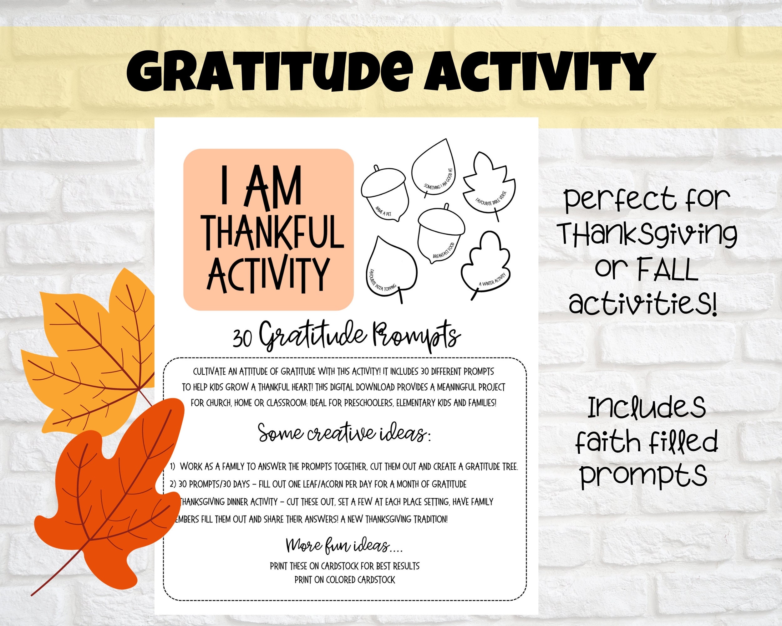 Thanksgiving/fall Bible Themed Activity, 30 Gratitude Prompts, Sunday ...