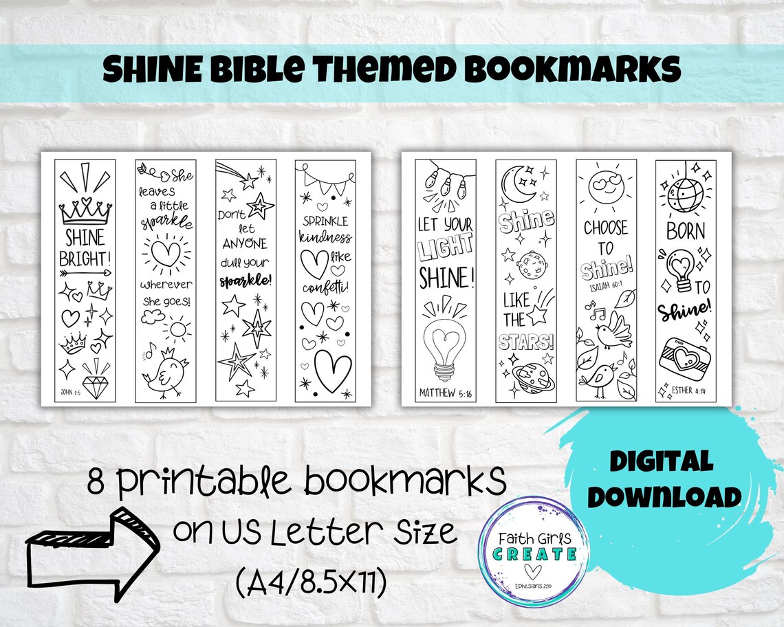 SHINE Bible Themed Kids Printable Colouring Bookmarks, Affirmation ...
