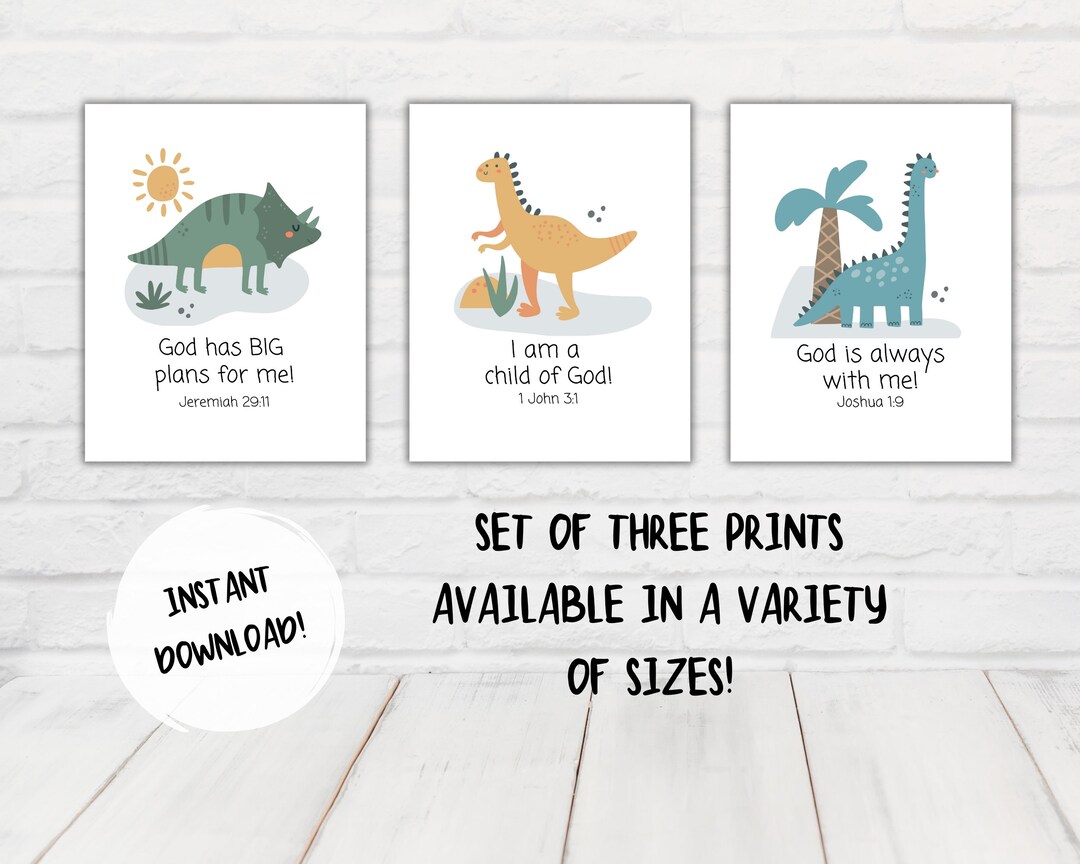 Set of Three Dinosaur Kids Printable Bible Verse Wall Art, Kids Room ...