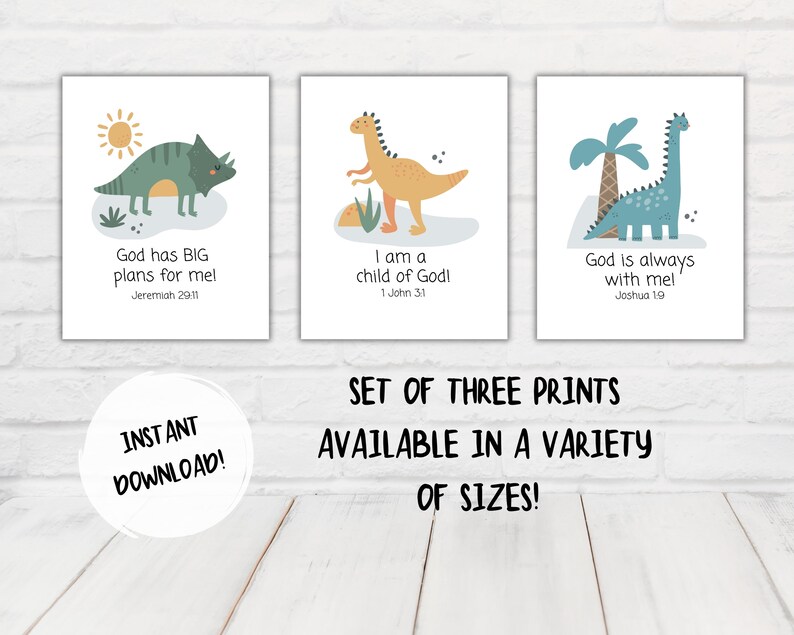 Set of Three Dinosaur Kids Printable Bible Verse Wall Art, Kids Room ...