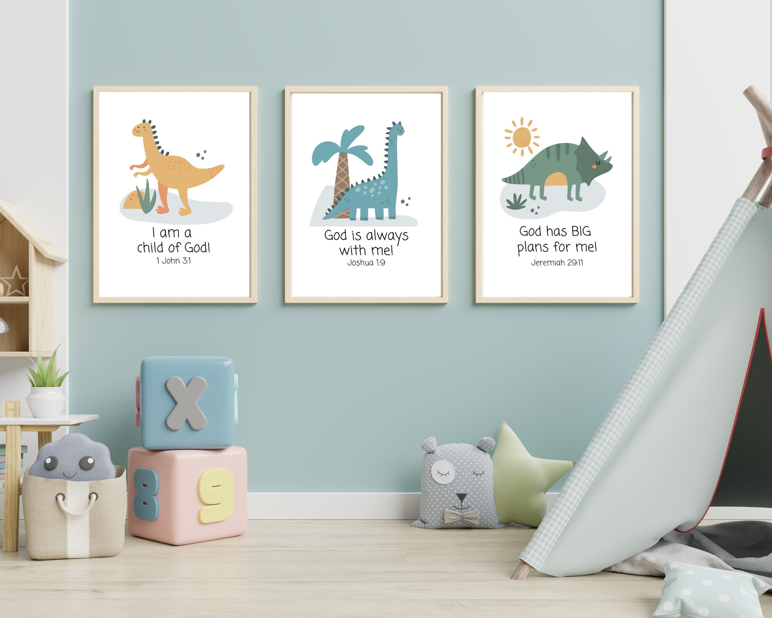 Set of Three Dinosaur Kids Printable Bible Verse Wall Art, Kids Room ...