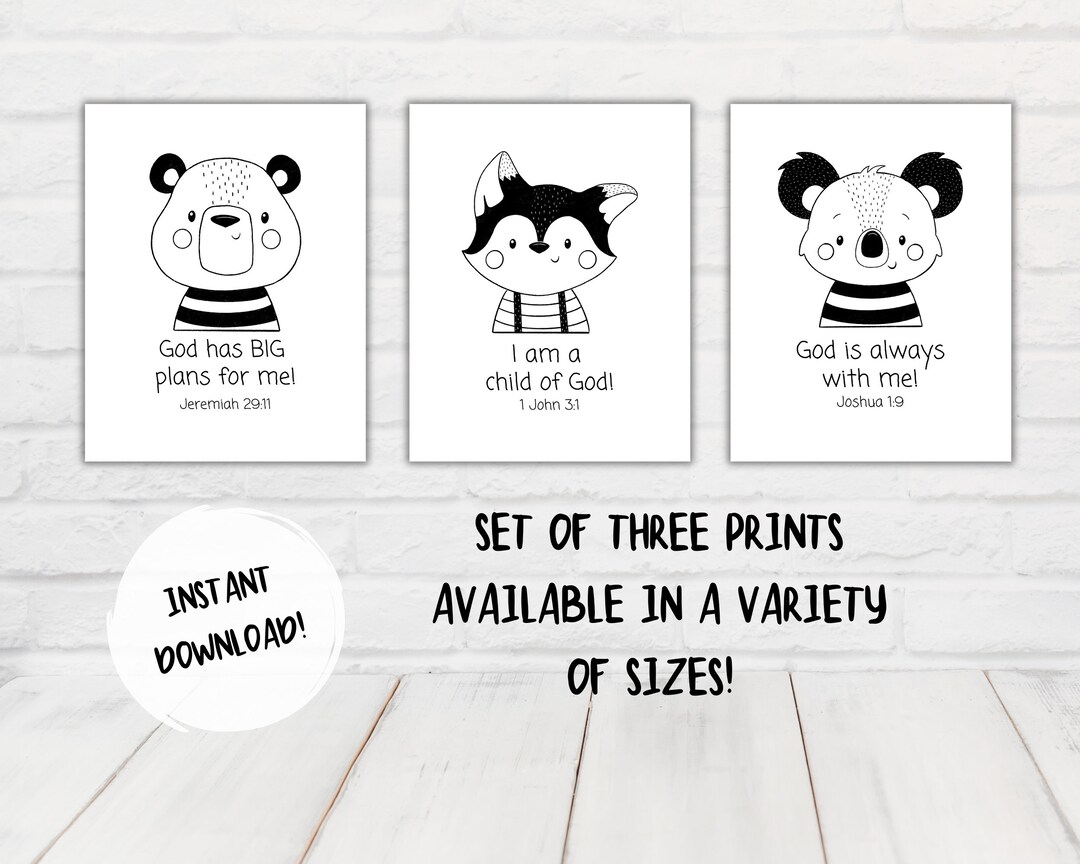 Set of Three Animal Kids Printable Bible Verse Wall Art, Kids Room ...