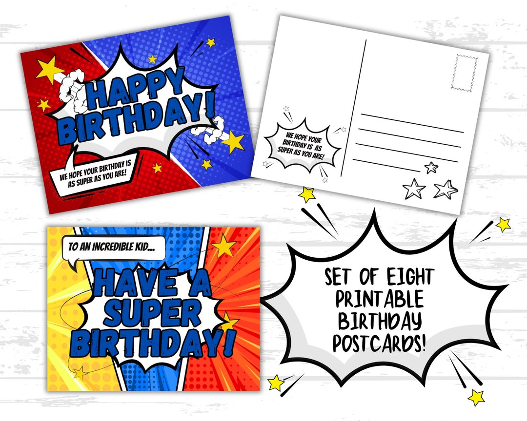 Superhero Printable Birthday Cards, Set of 8 Full Color Postcards ...