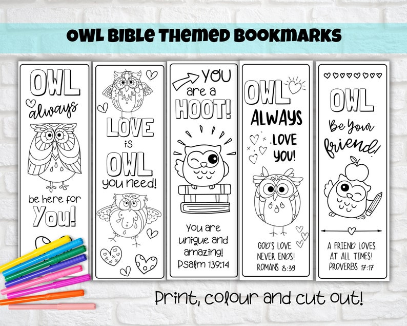 Owl Bible Themed Bookmarks, Set of 10 Kids Printable Colouring ...
