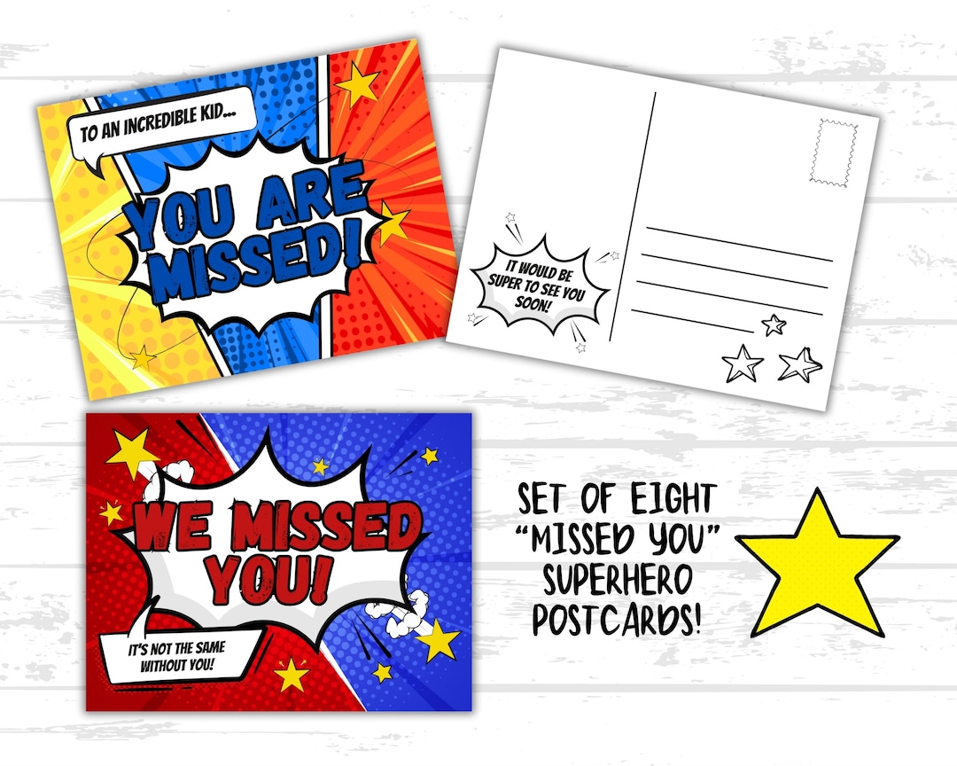 Superhero Printable "missed You" Cards, Set of 8 Full Color Postcards ...