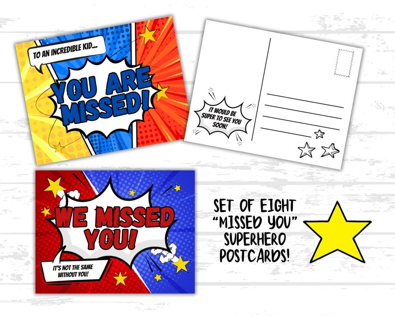 Superhero Printable "missed You" Cards, Set of 8 Full Color Postcards ...