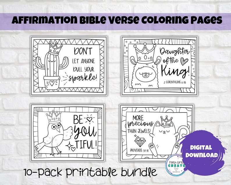Affirmation Bible Verse Colouring Set, Faith Girls, Kids Printable ...
