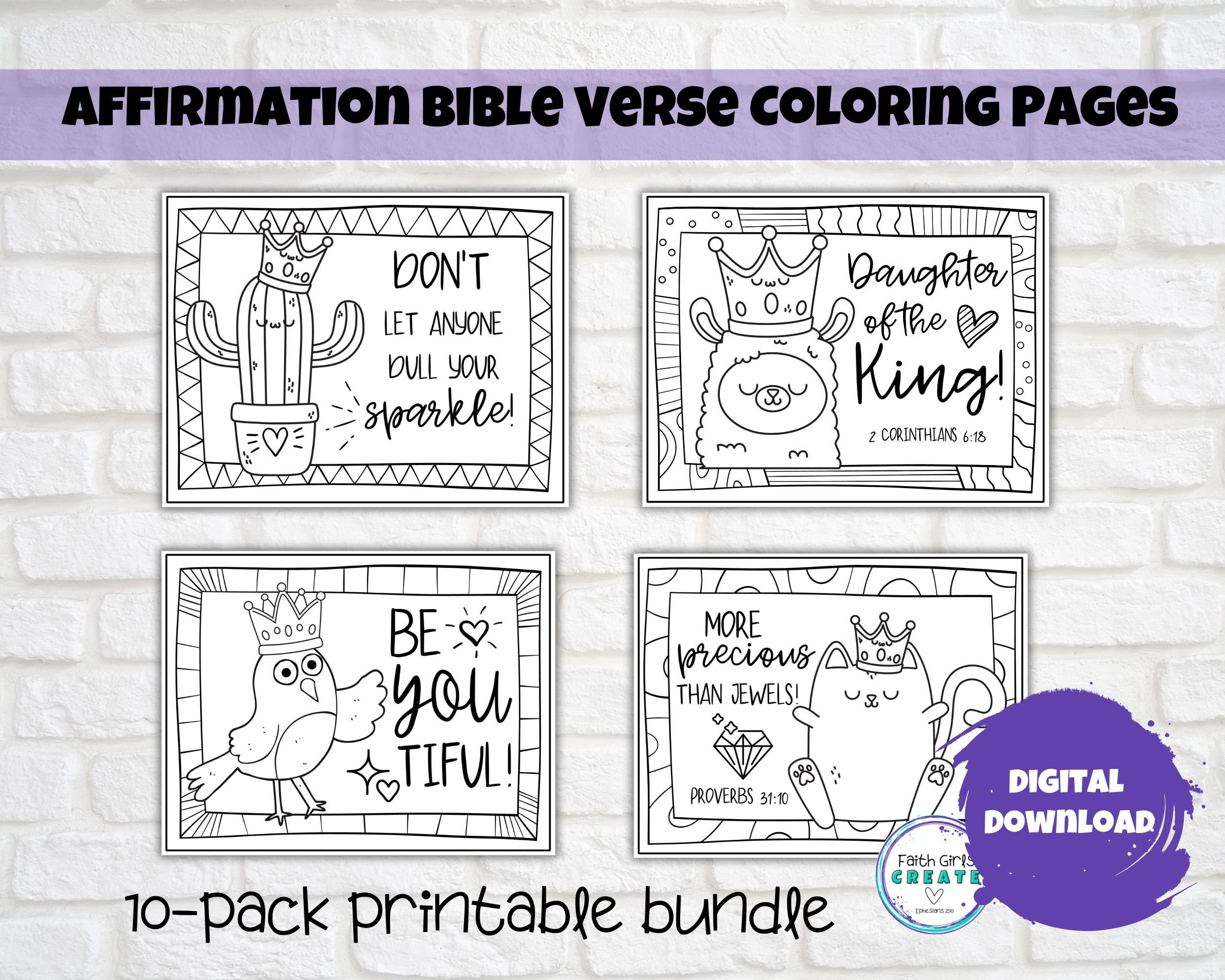 Affirmation Bible Verse Colouring Set, Faith Girls, Kids Printable ...