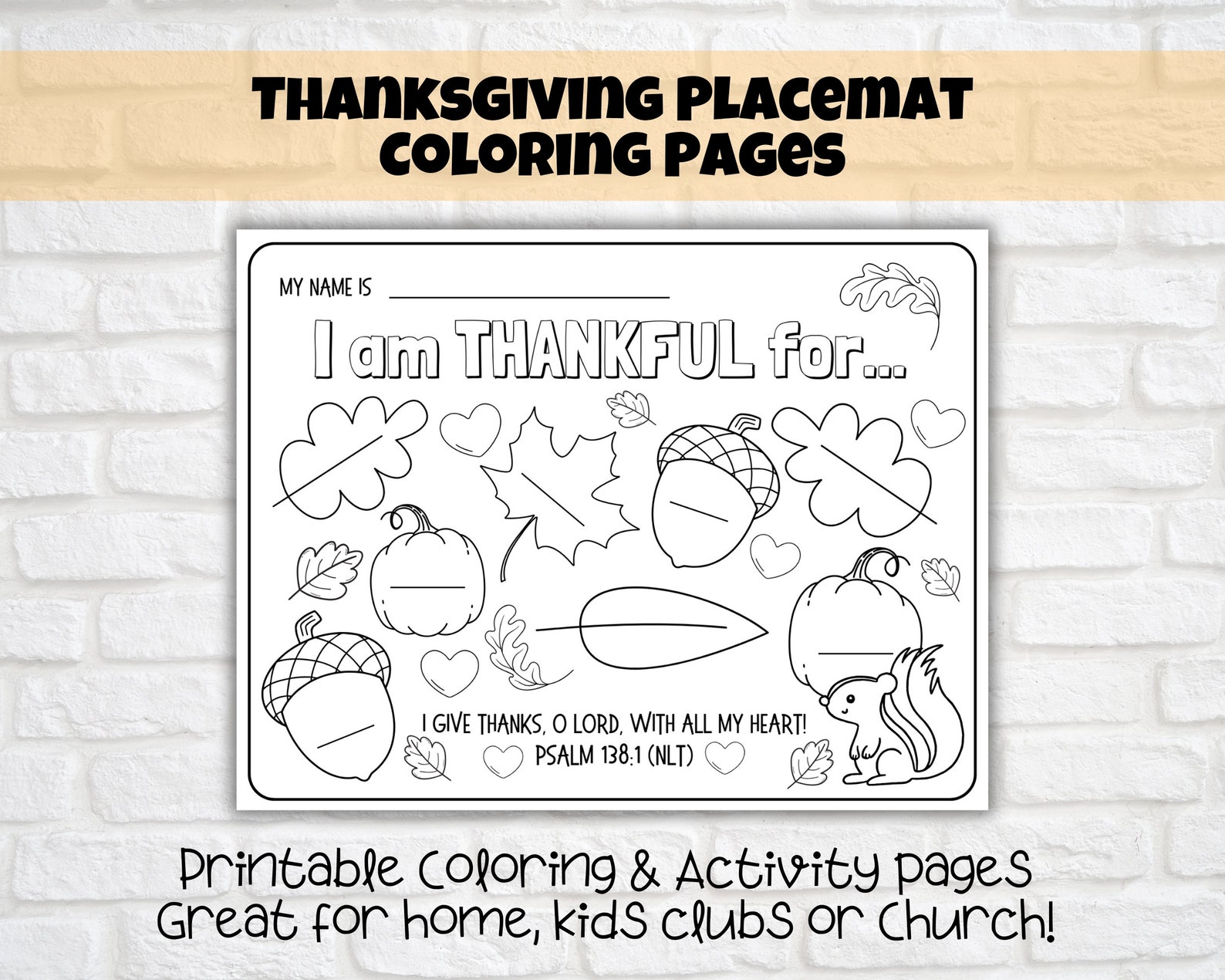 Thanksgiving/fall Bible Verse Set of 5 Placemat Coloring Pages, Sunday ...