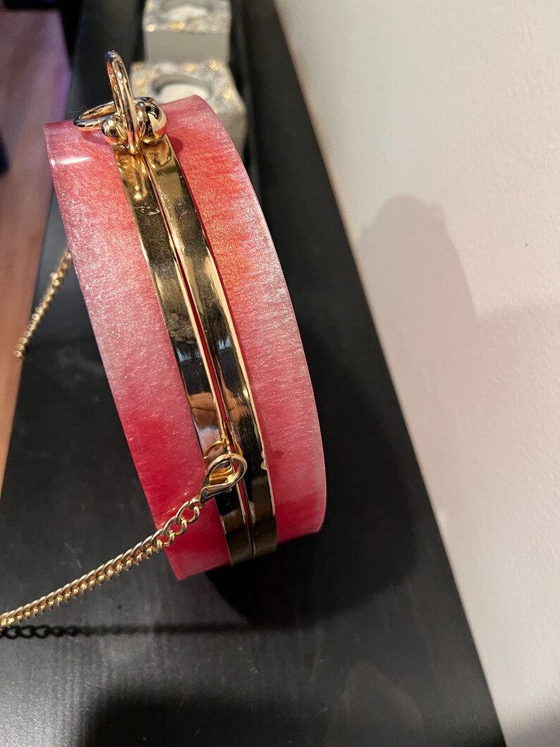 Pink Resin Round Clutch With Gold Metallic Frame and Chain | Custom ...
