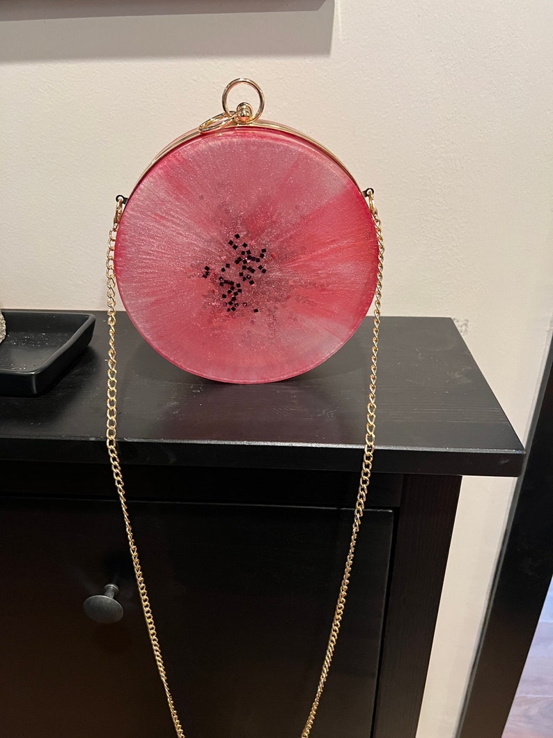 Pink Resin Round Clutch With Gold Metallic Frame and Chain | Custom ...