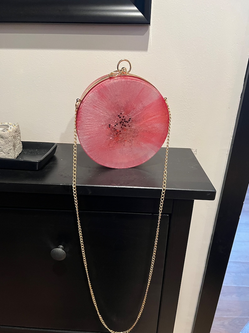 Pink Resin Round Clutch With Gold Metallic Frame and Chain | Custom ...