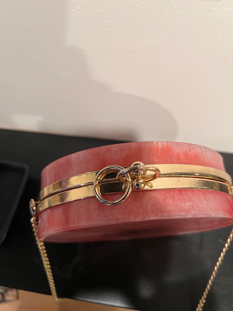 Pink Resin Round Clutch With Gold Metallic Frame and Chain | Custom ...