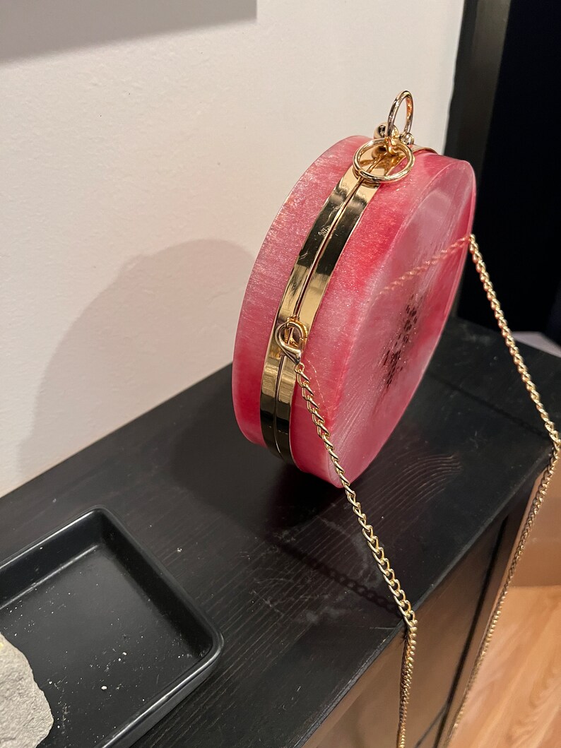 Pink Resin Round Clutch With Gold Metallic Frame and Chain | Custom ...