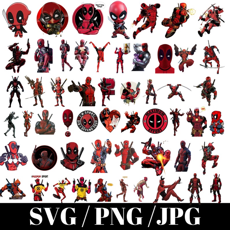 Paquete Deadpool SVG, Deadpool PNG, más de 100 archivos digitales, paquete PNG de superhéroe ...