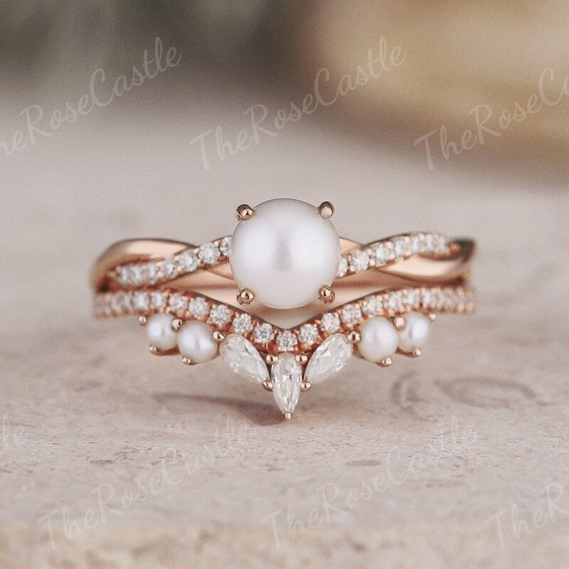 Pearl Engagement Ring Set - Etsy