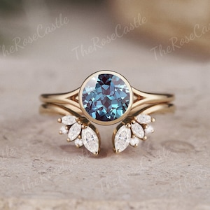 Unique Alexandrite Engagement Ring Set Gold Bezel Set Rings Vintage ...