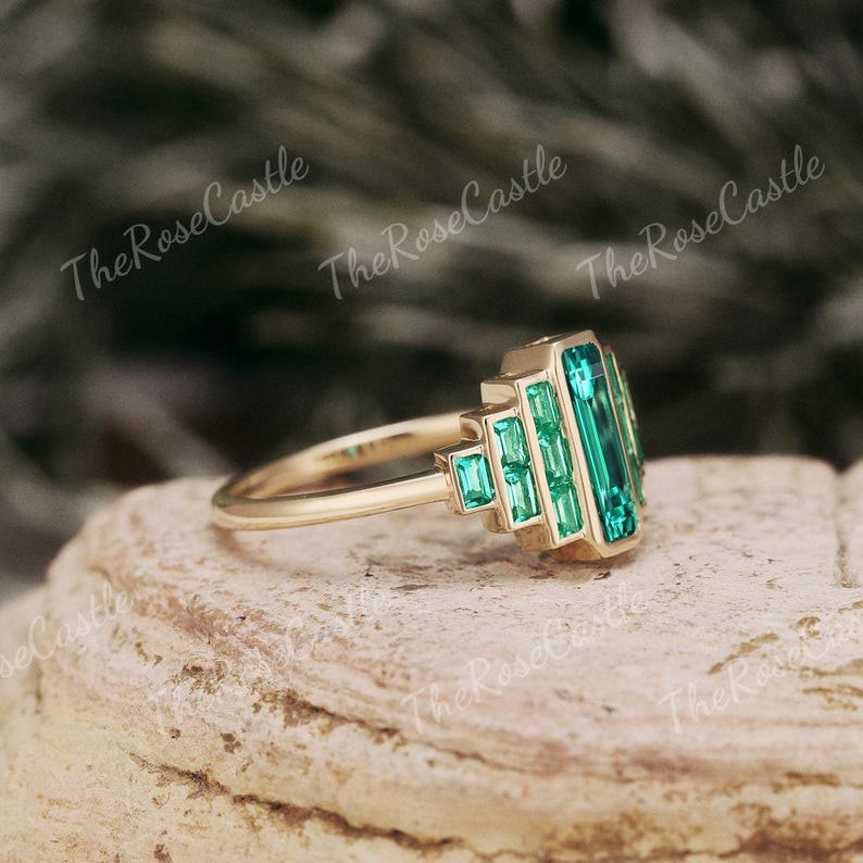 Bezel Setting Emerald Engagement Ring Solid Gold Baguette Cut Emerald ...