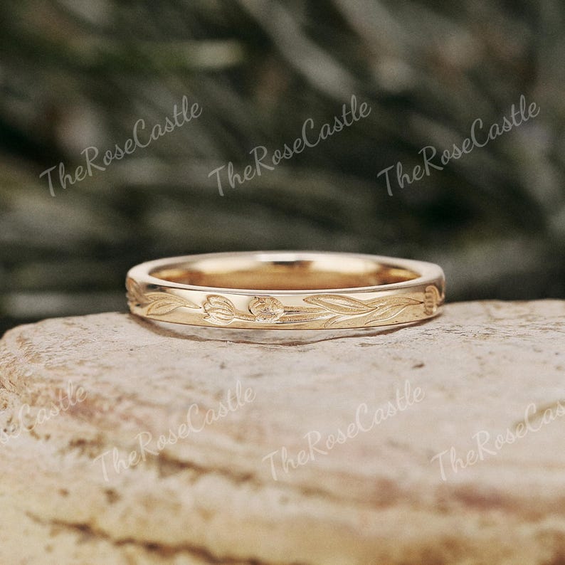 Nature Inspired Tulip Engraving Wedding Band Unique Leaf Engraving ...