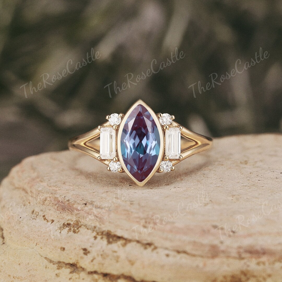 Marquise Cut Bezel Alexandrite Ring Yellow Gold Alexandrite Engagement ...