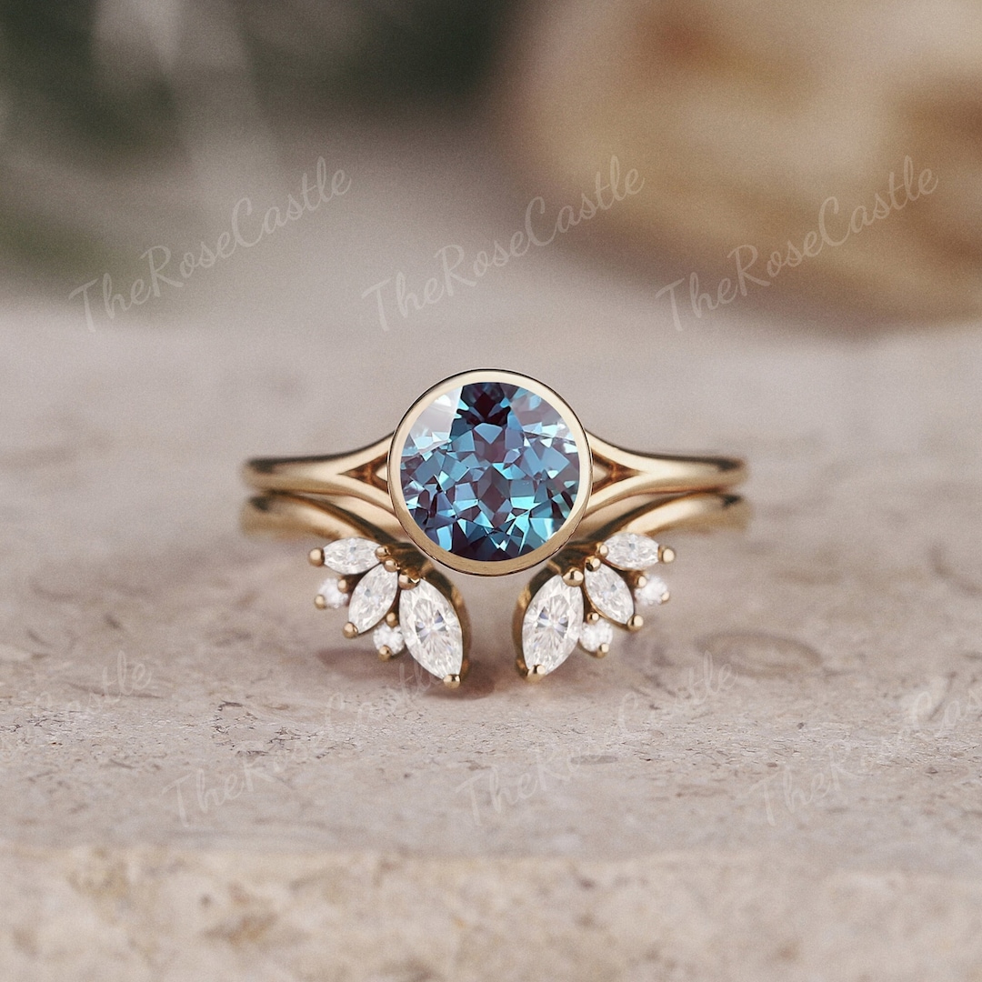 Unique Alexandrite Engagement Ring Set Gold Bezel Set Rings Vintage ...