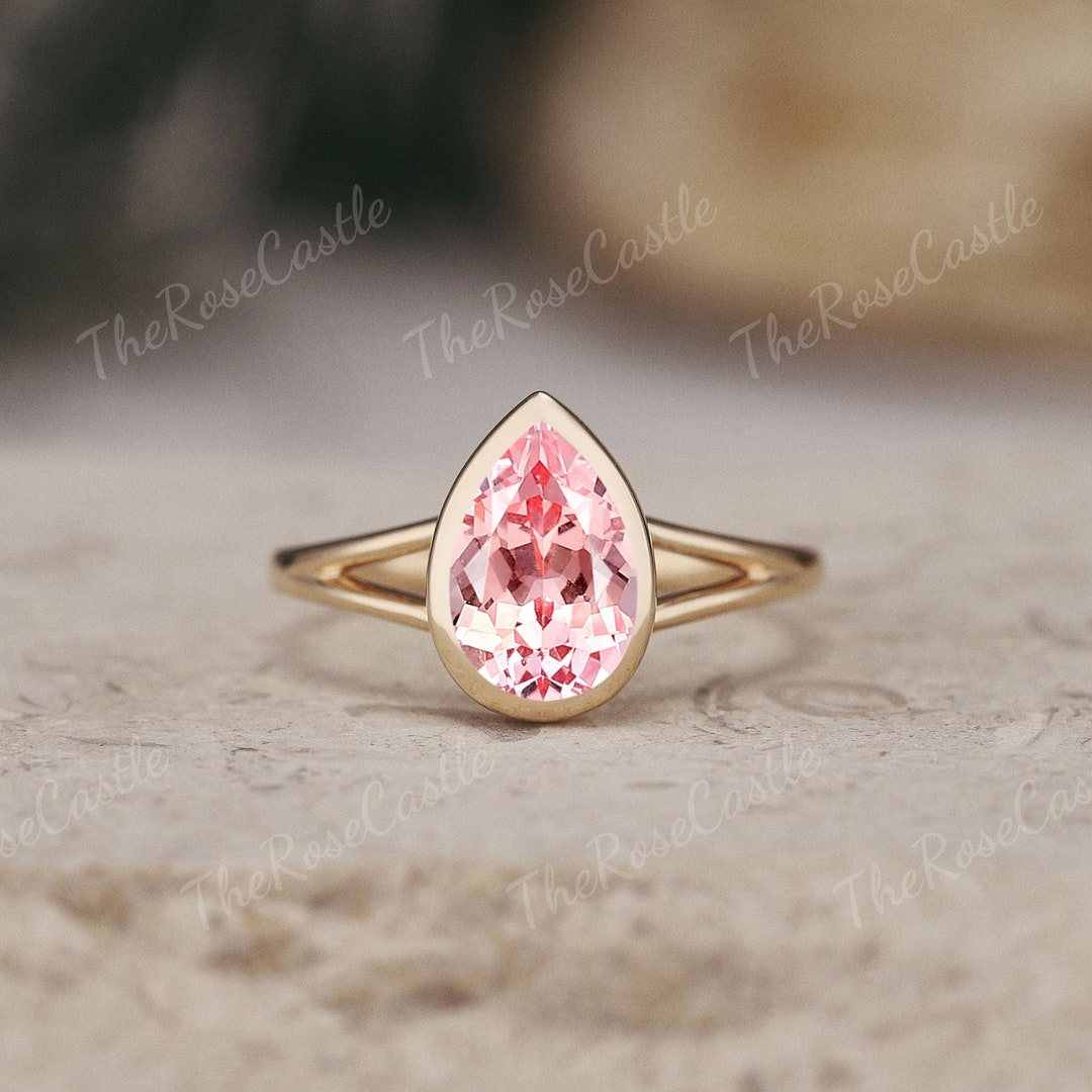 Unique Pear Cut Pink Sapphire Engagement Ring Bezel Ring Solid Gold ...