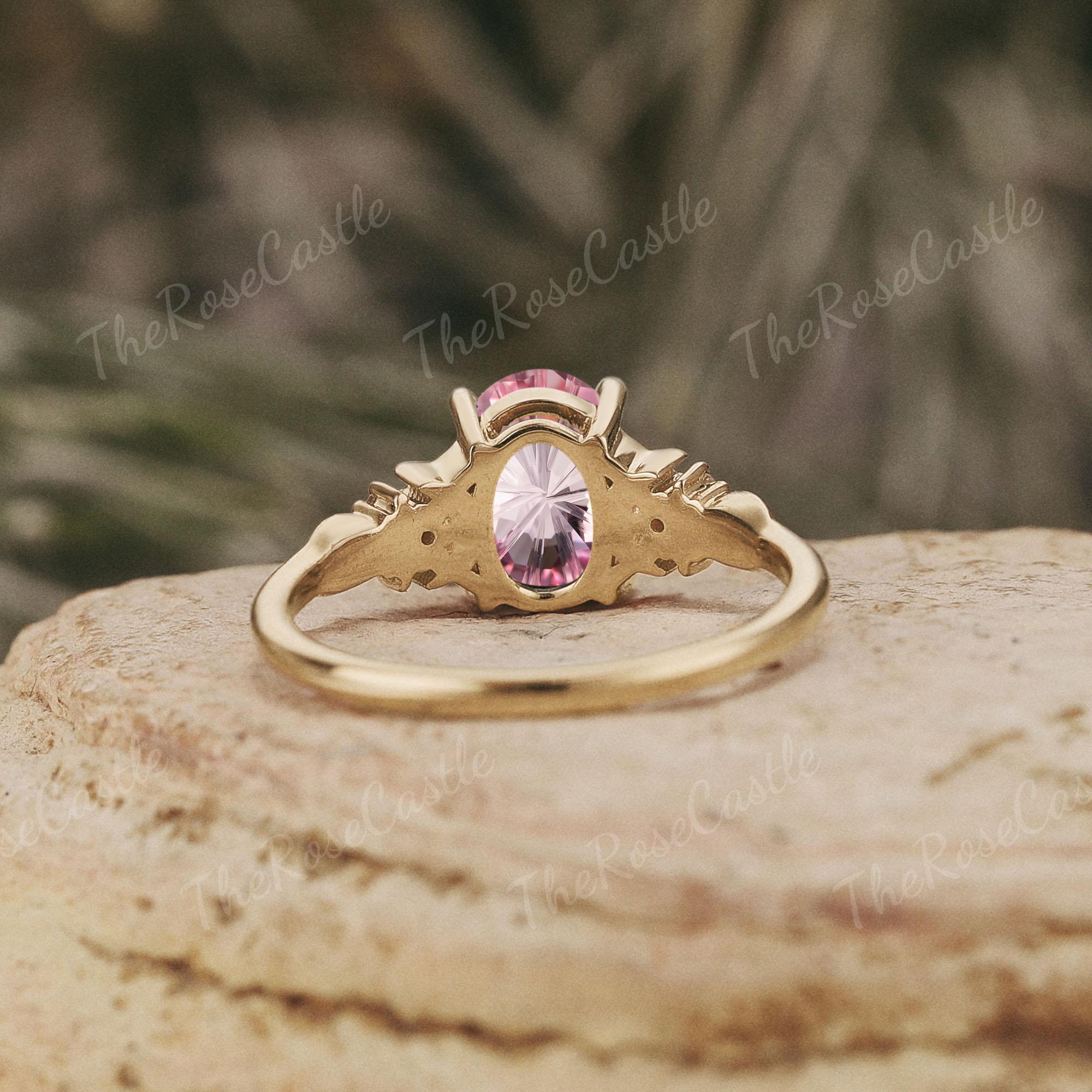 Firework Cut Pink Sapphire Engagement Ring Solid Gold Moon Design Pink ...
