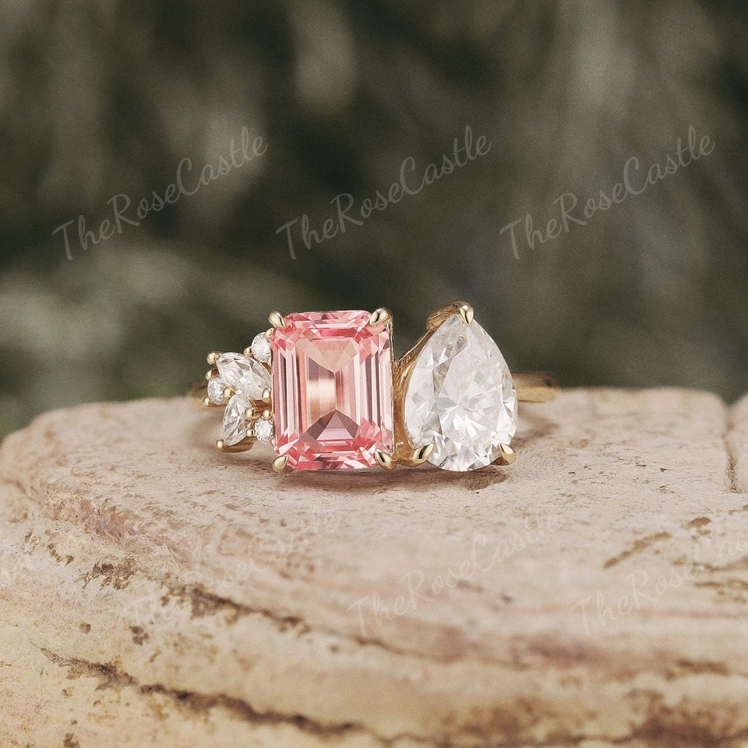 Toi Et Moi Pink Sapphire Engagement Ring Solid Gold Two Stone Promise ...