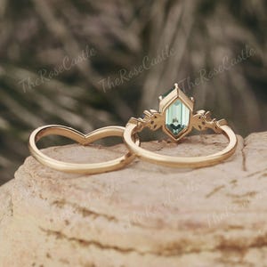 Hexagon Cut Moon Star Green Sapphire Engagement Ring Set Moissanite ...