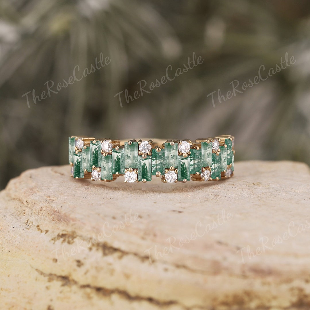 Moss Agate Ring Baguette Cut Moss Agate Wedding Band Eternity Gold ...