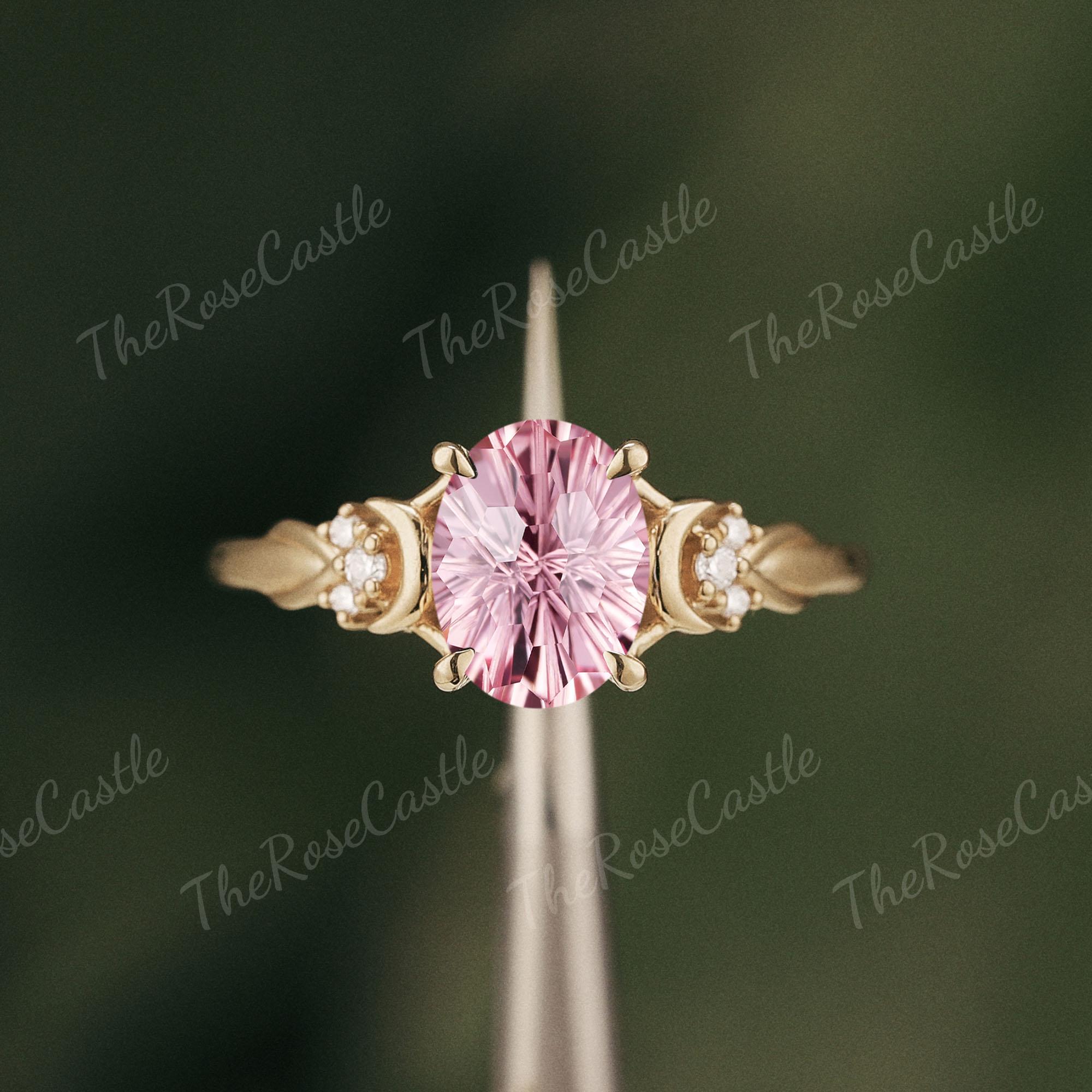 Firework Cut Pink Sapphire Engagement Ring Solid Gold Moon Design Pink ...