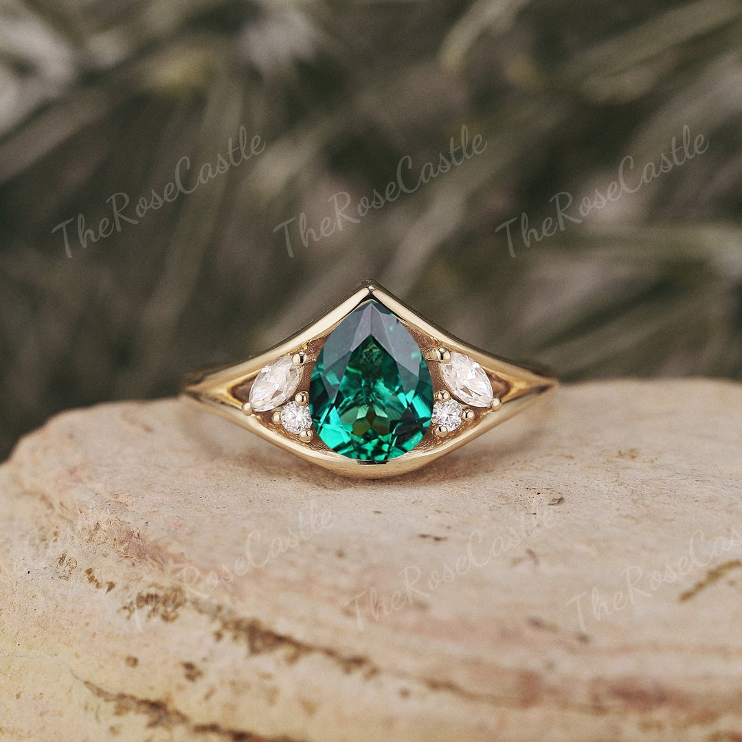 Unique Pear Cut Bezel Emerald Engagement Ring Solid Gold Moissanite ...