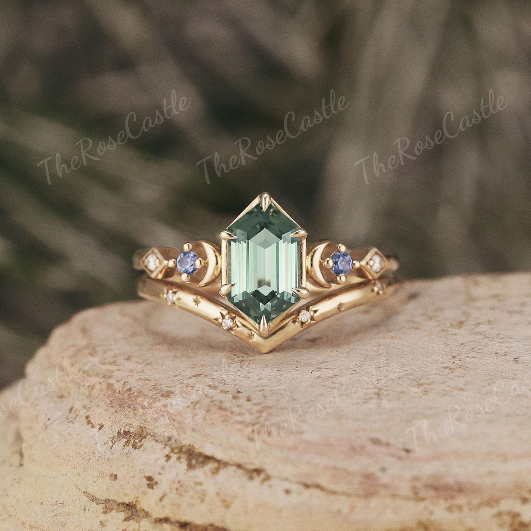 Hexagon Cut Moon Star Green Sapphire Engagement Ring Set Moissanite ...