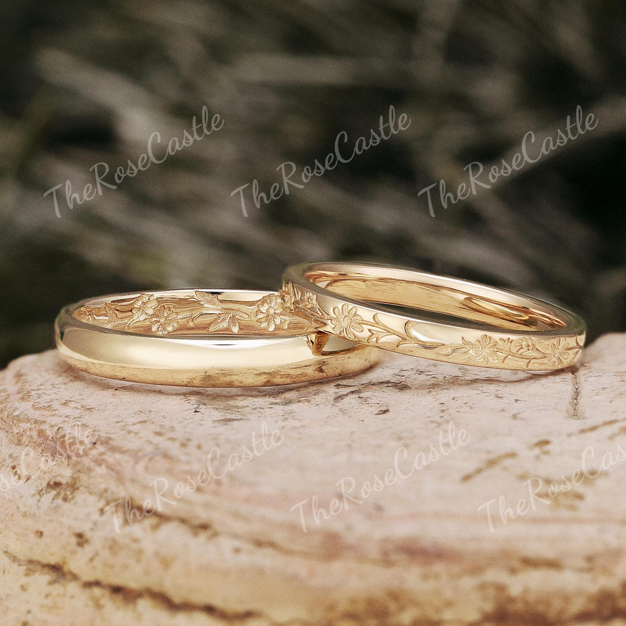 Unique Birth Flower Engraving Wedding Band Set Solid Gold Matching ...
