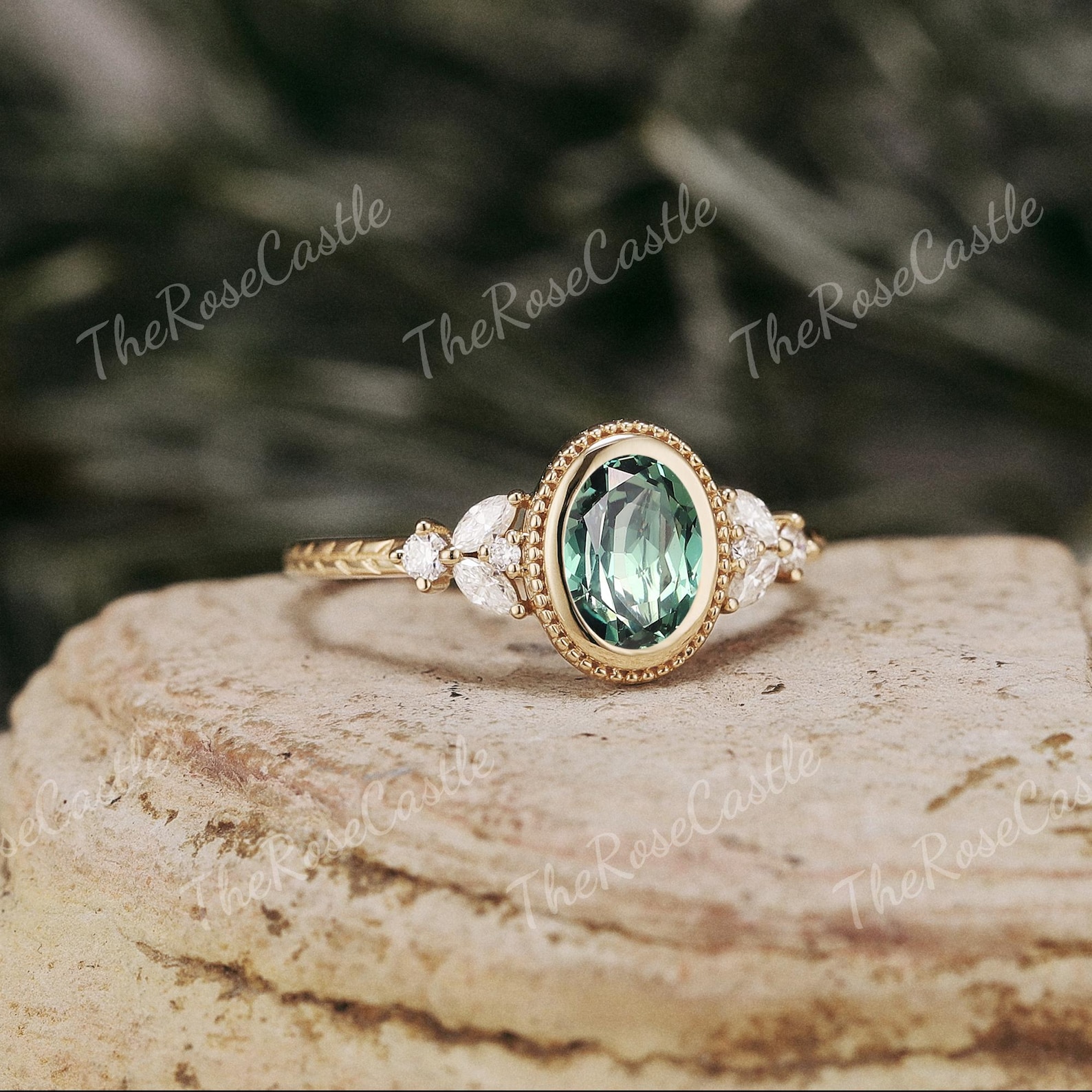 Milgrain Design Green Sapphire Engagement Ring Solid Gold Moissanite ...