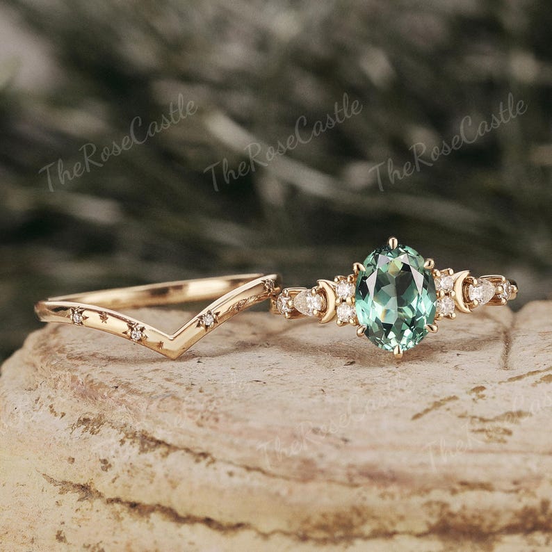 Conjunto de anillo de compromiso de zafiro verde de talla ovalada ...