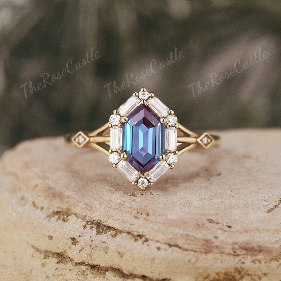 Hexagon Cut Alexandrite Engagement Ring Yellow Gold Moissanite Cluster ...