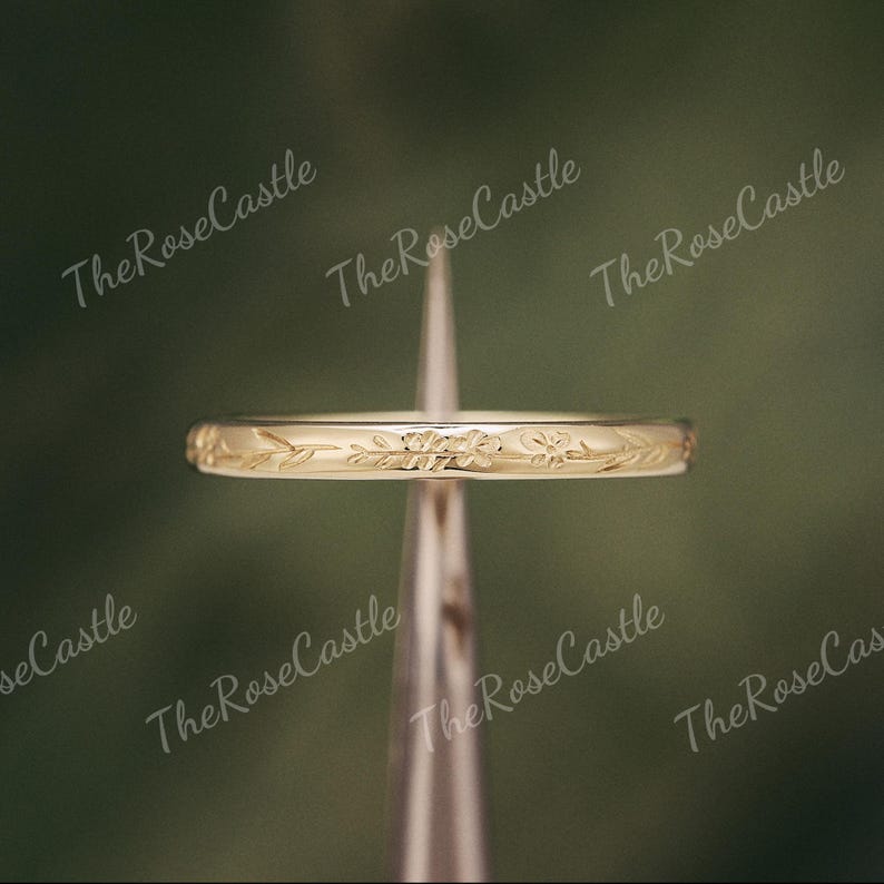 2MM Art Deco Birth Flower Wedding Band: Minimalist Solid Gold Engraved ...