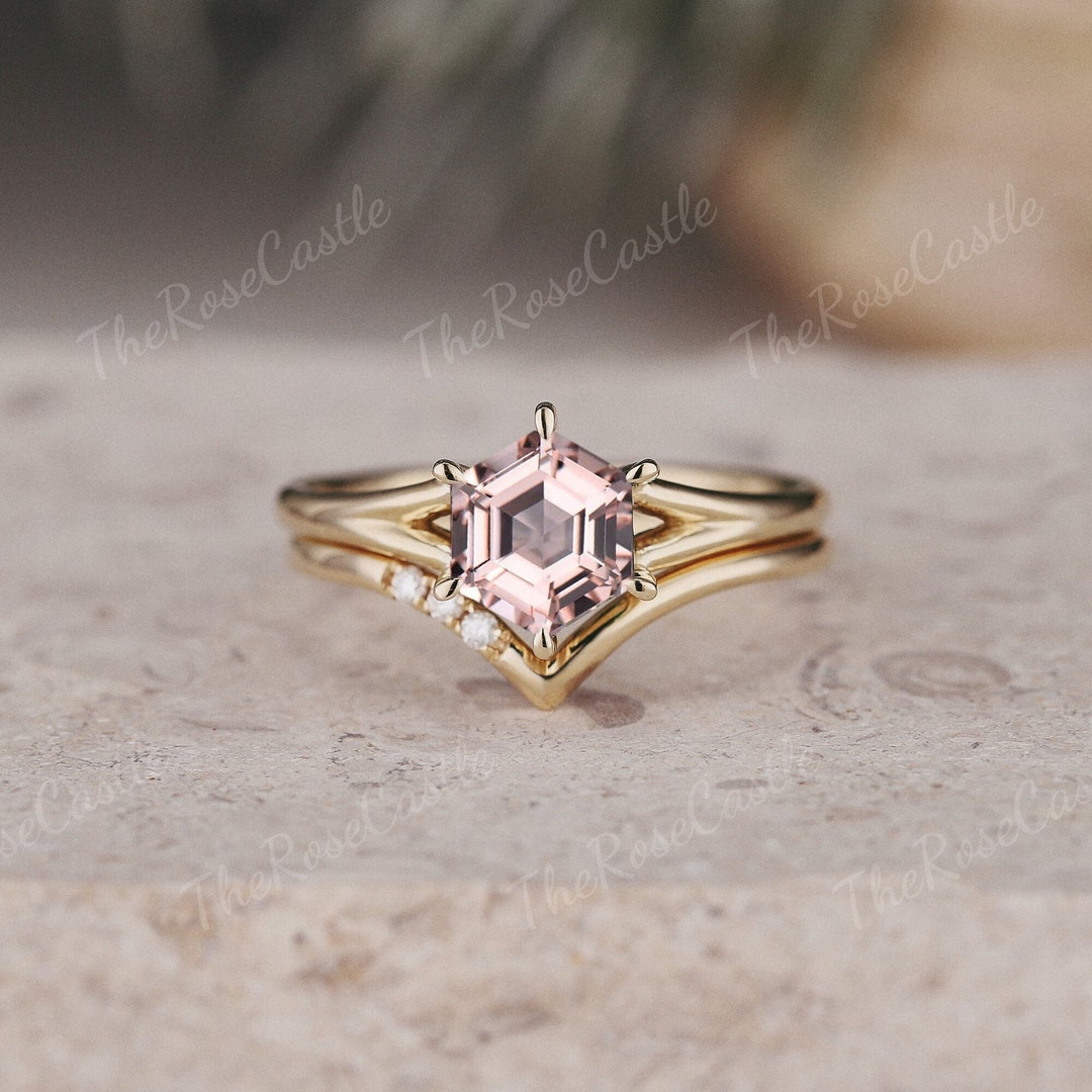 Unique Morganite Engagement Ring Set Hexagon Bridal Set Art Deco Yellow ...