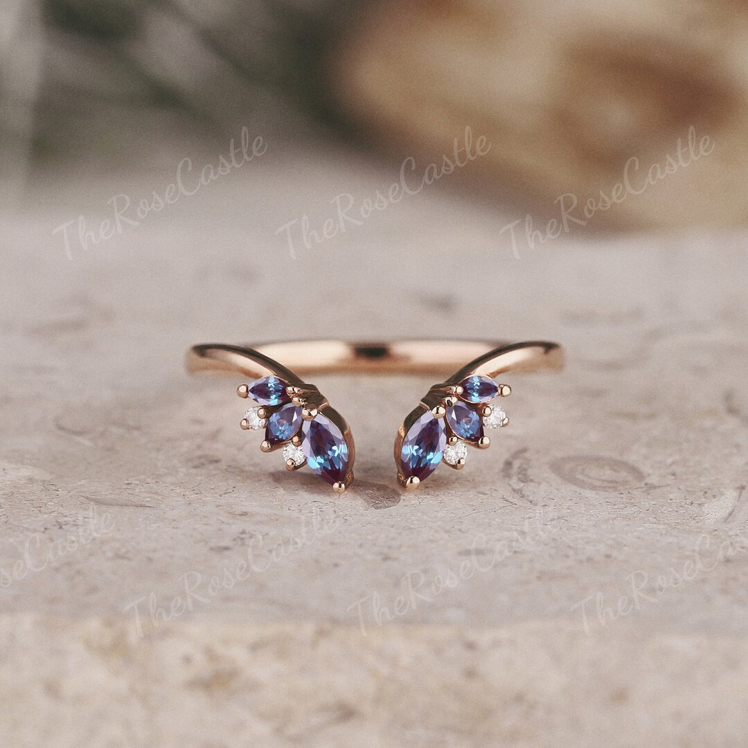 Vintage Marquise Alexandrite Wedding Band Rose Gold Unique Moissanite ...